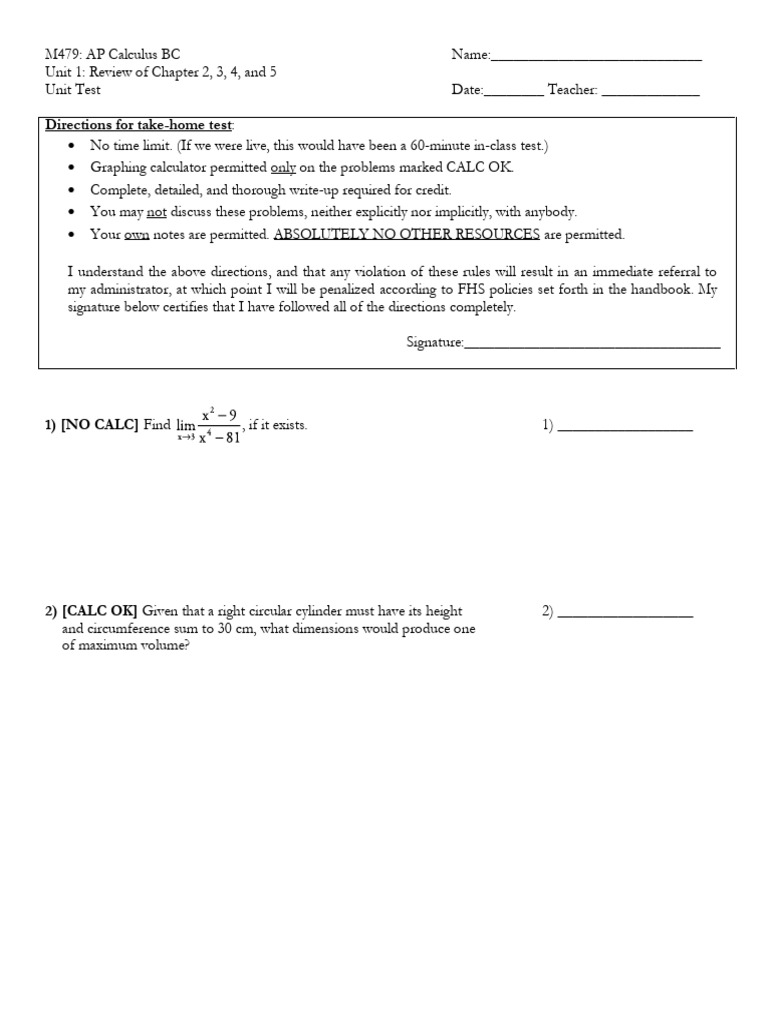 AP Calculus BC Unit Test Review | PDF | Velocity | Derivative