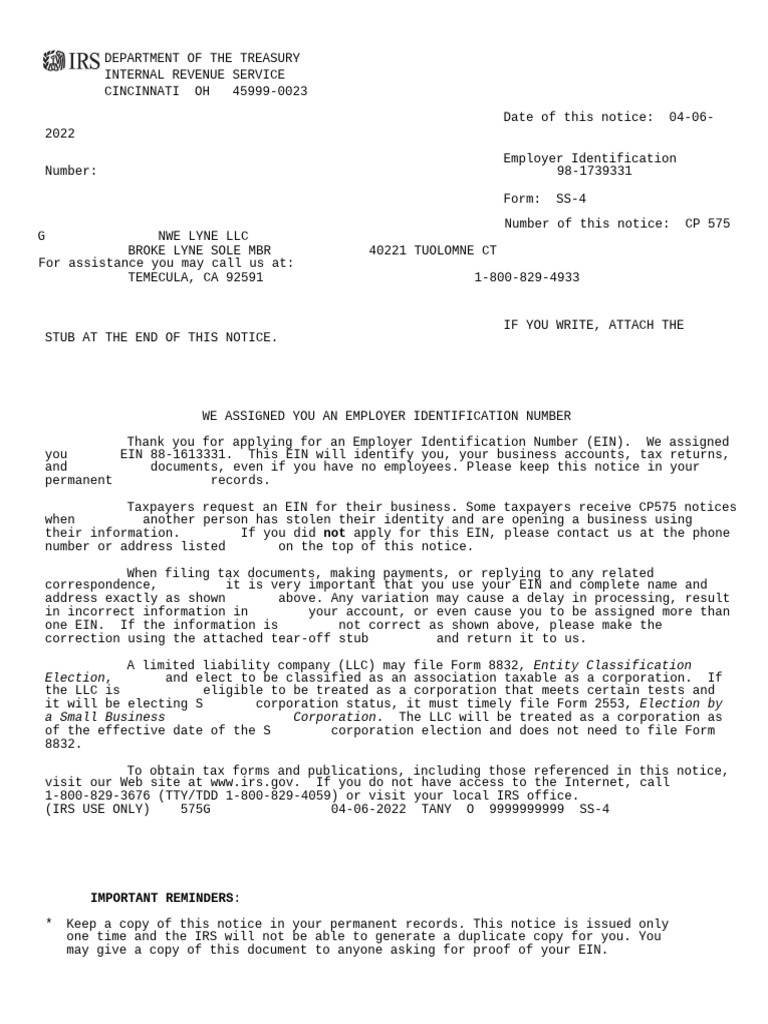 IRS EIN Assignment Notice CP 575 G | PDF | Irs Tax Forms | Public Finance