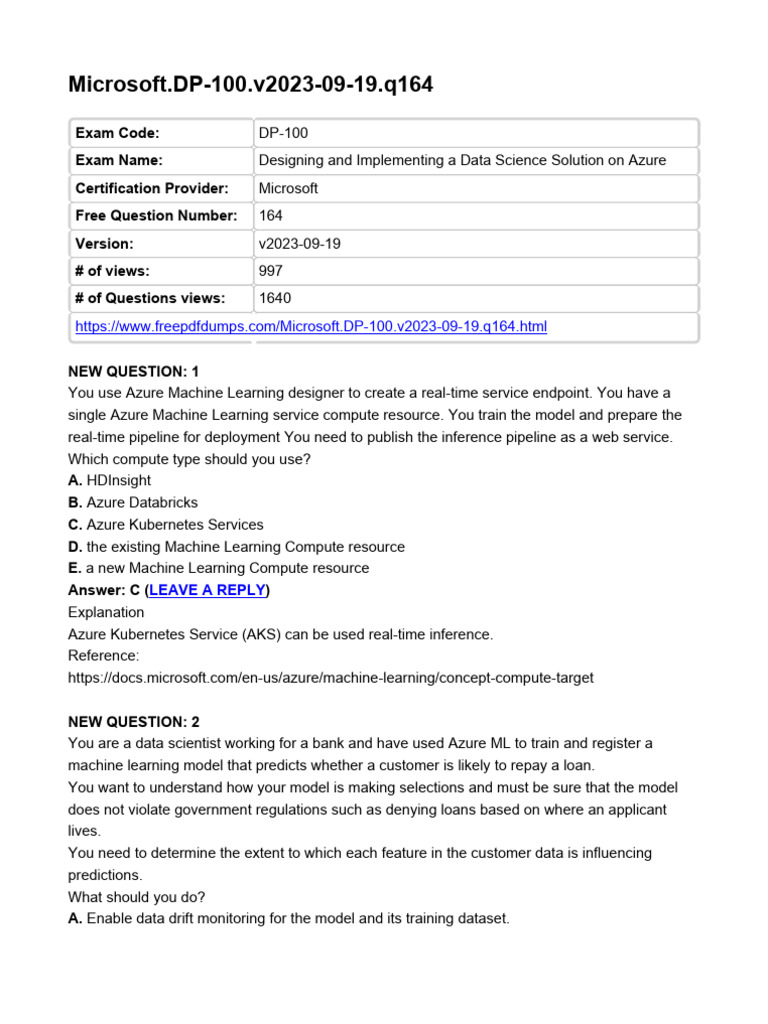 Azure DP-100 Exam Questions and Answers | PDF | Machine Learning ...