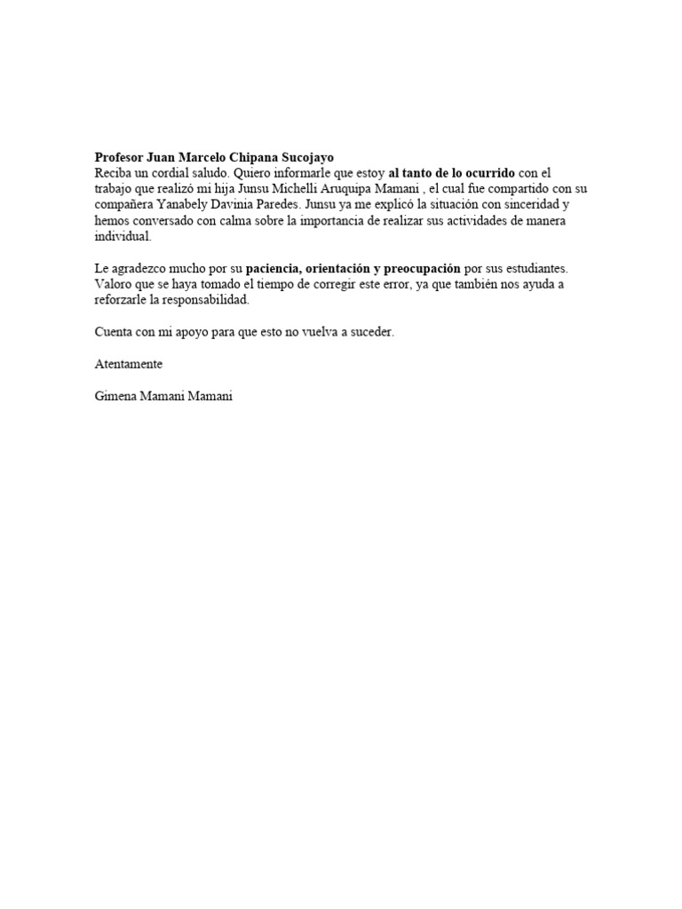Profesor Juan Marcelo Chipana Sucojayo Al Tanto de Lo Ocurrido | PDF