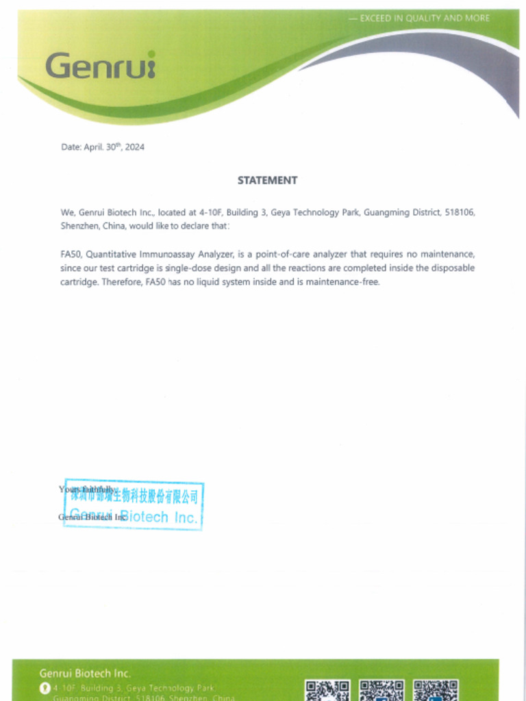 Genrui FA50 Maintenance-Free Statement | PDF