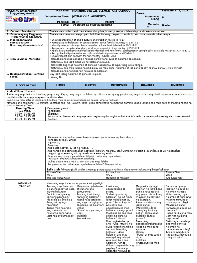 MBES MATATAG Kindergarten Q3 WEEK 8 | PDF