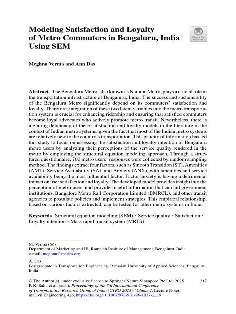 Modeling Satisfaction and Loyalty of Metro Commuters in Bengaluru India ...