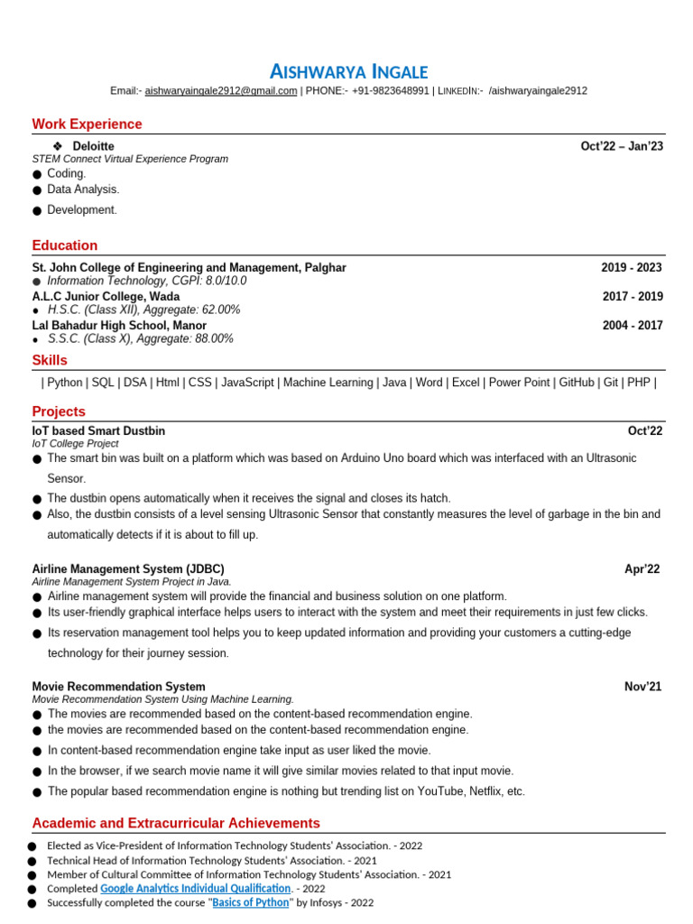 Resume Aishwarya-Ingale Version-1 | PDF | Computing | Information Technology