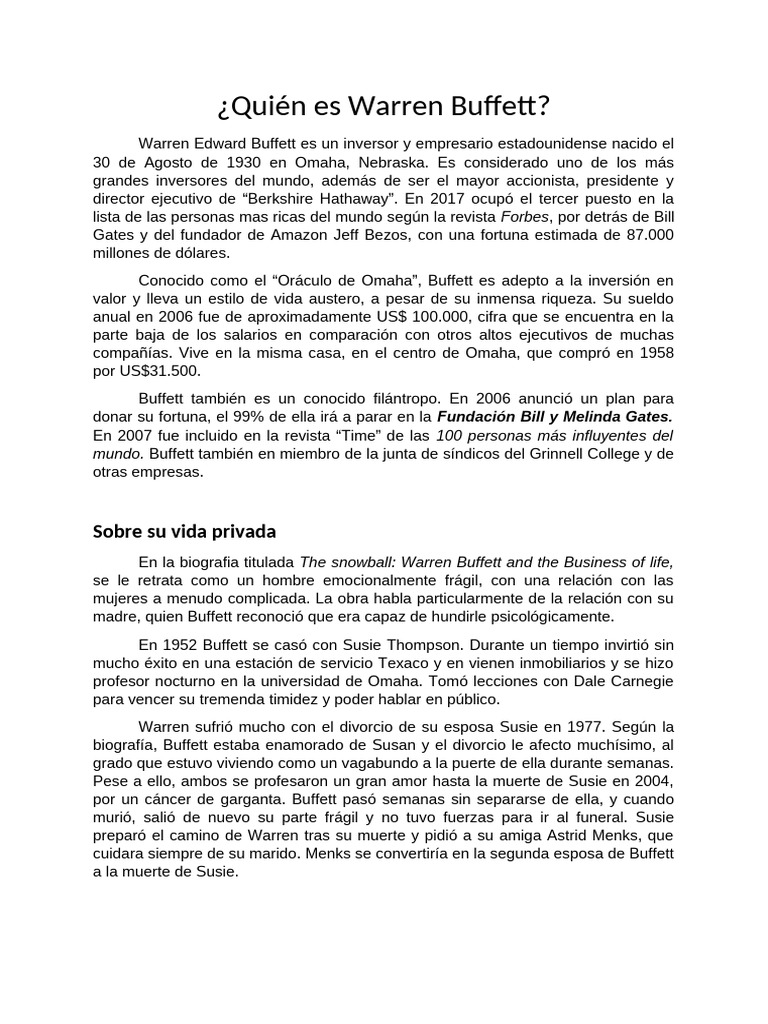 Biografía de Warren Buffett: Inversor y Filántropo | PDF | Warren Buffett