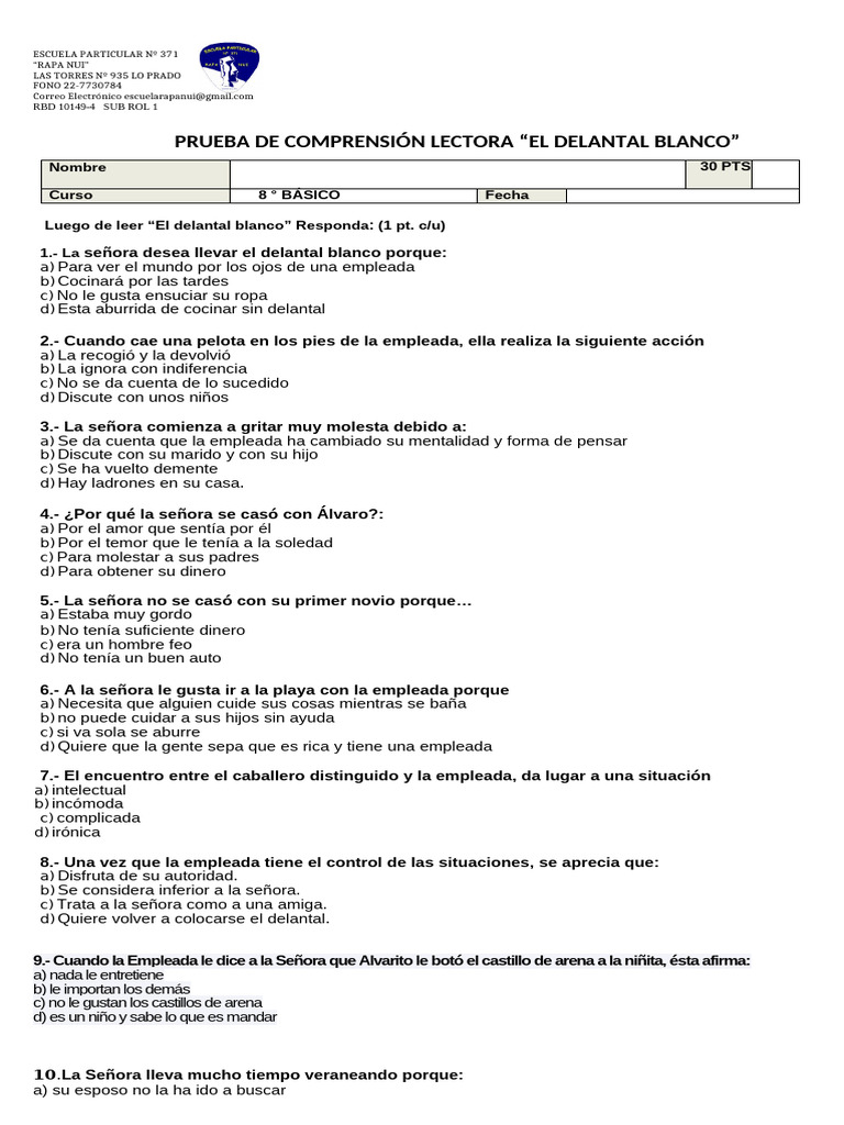 Prueba-El-Delantal-Blanco 8vo | PDF