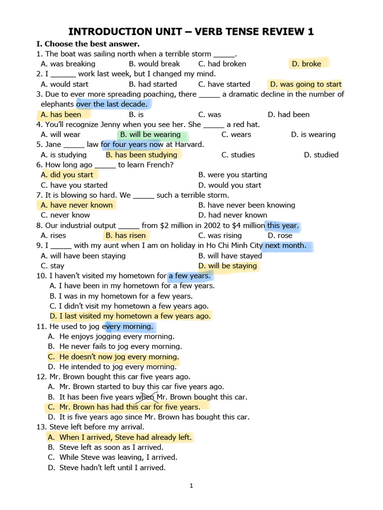 Verb Tense Review Exercises | PDF