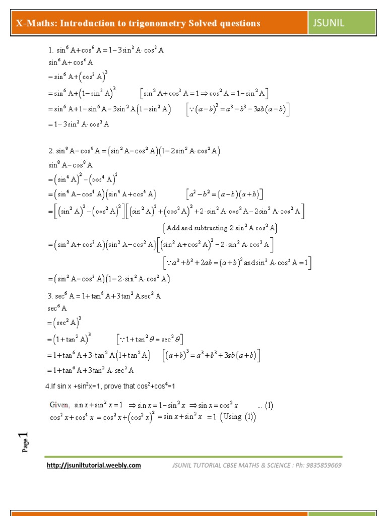 X-Maths Introduction To Trigonometry Solved Questions | PDF ...