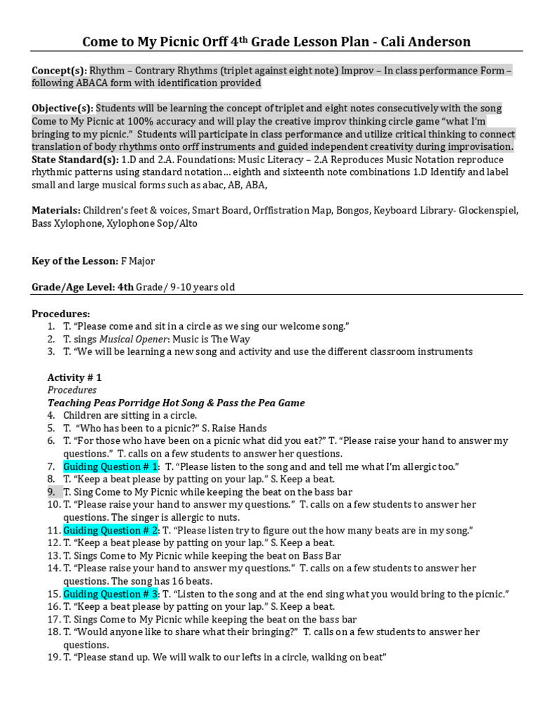 Come To My Picnic Orff 4th Grade Lesson Plan | PDF | Musicology ...