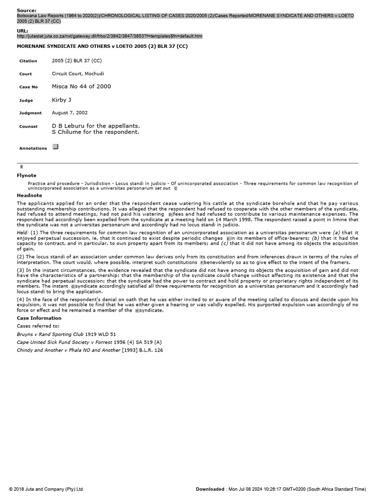 MORENANE SYNDICATE AND OTHERS V LOETO 2005 (2) BLR 37 (CC) | PDF ...
