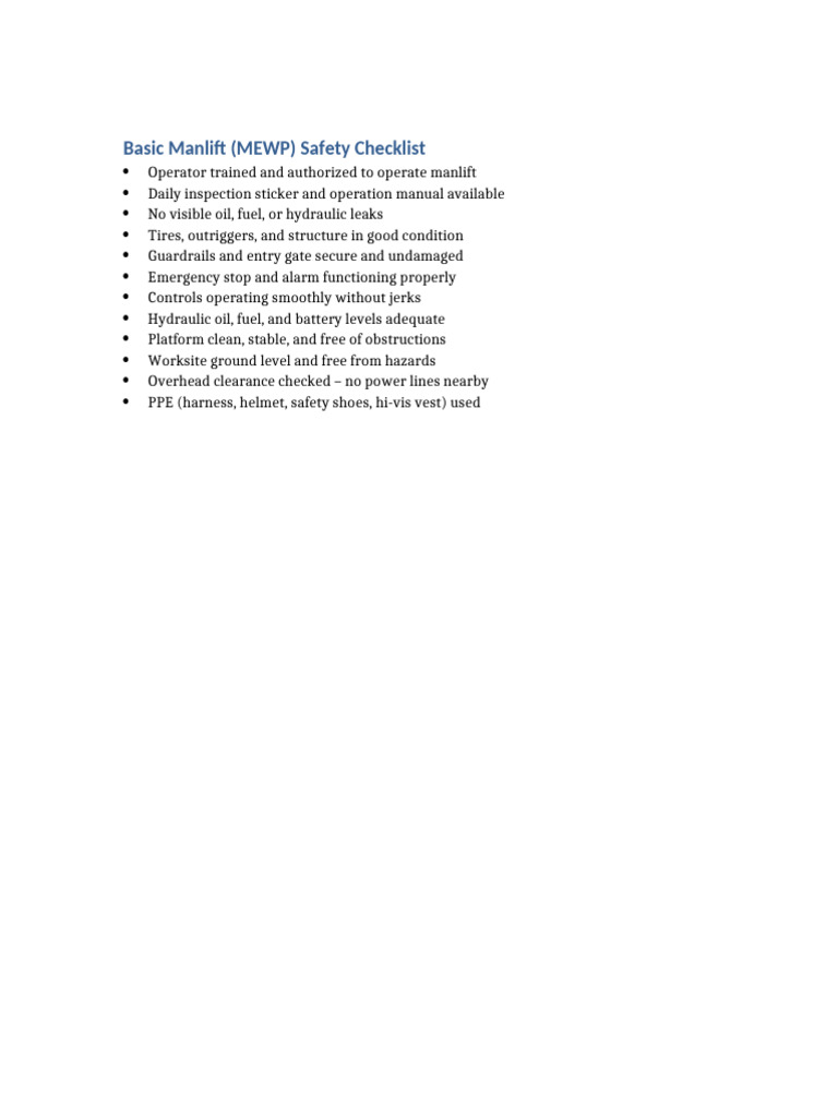 Manlift Safety Checklist for Operators | PDF
