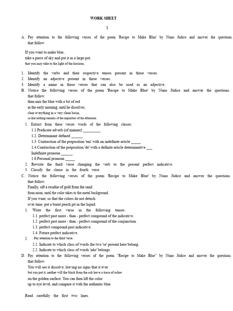 Card Based On The Poem Recipe To Make Blue | PDF | Verb | Adjective