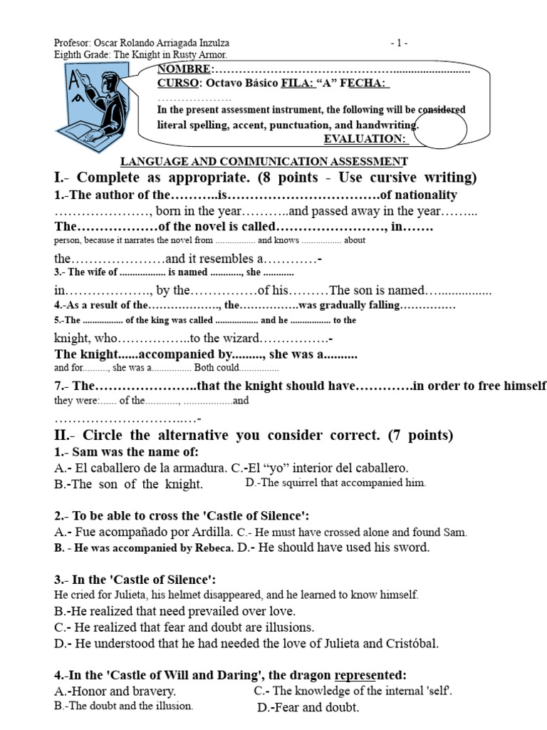 Eighth Grade Assessment: Knight in Rusty Armor | PDF