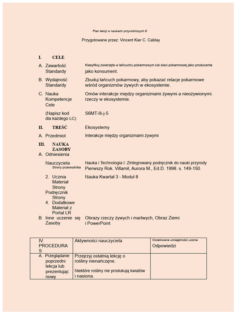 Plan Lekcji Z Nauki 6 Kwartal 3 | PDF