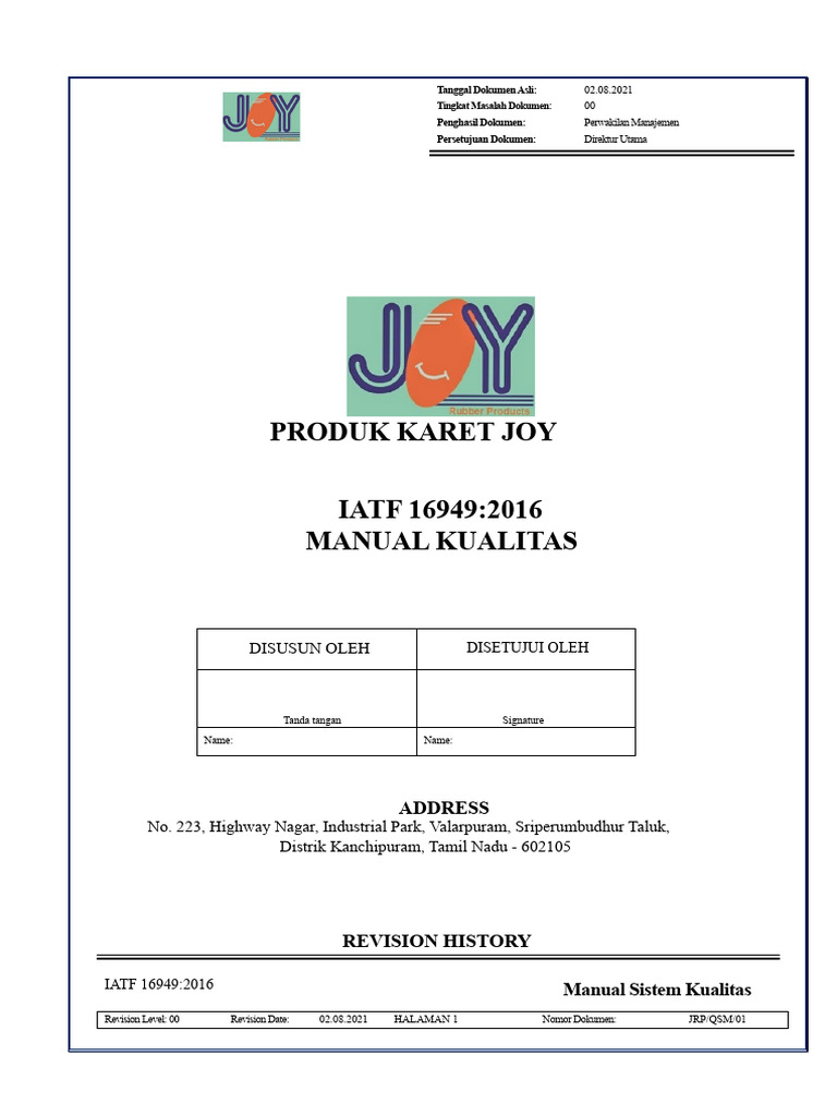 Manual Kualitas IATF 16949:2016 JOY Rubber | PDF