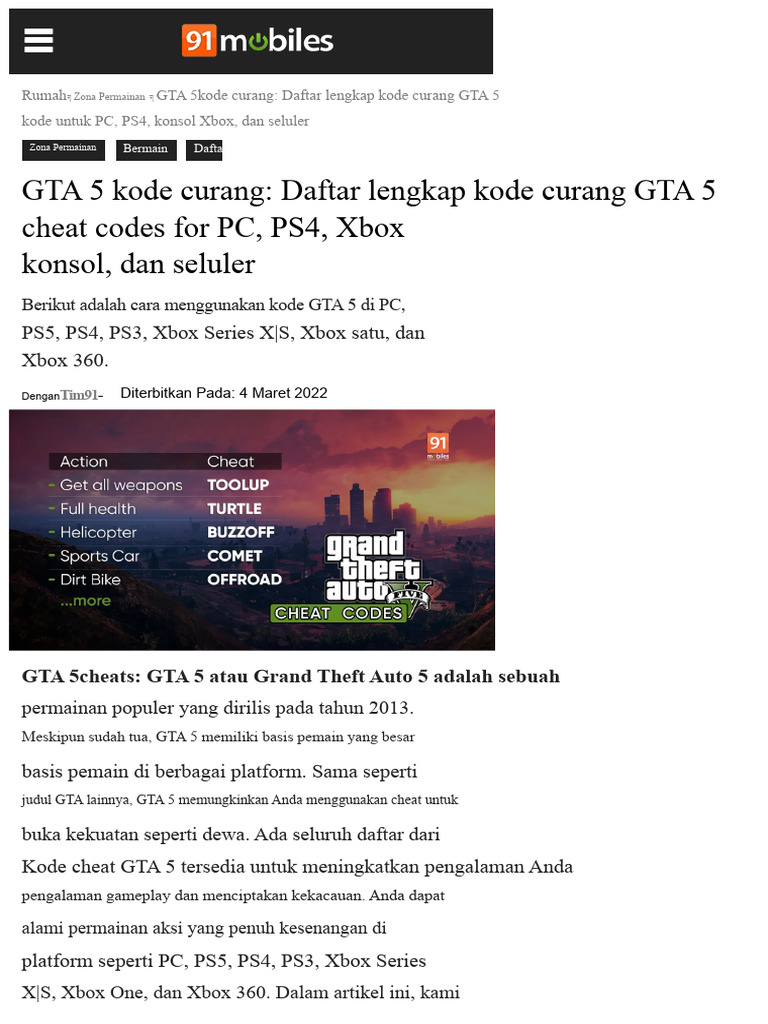 Cheat GTA 5 Daftar Lengkap Kode Cheat GTA 5 Untuk... | PDF