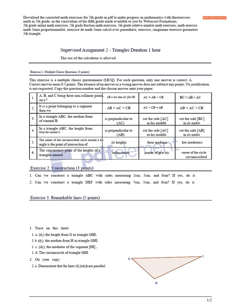 DS - N°2 - Triangles-5th Grade | PDF | Mathematics