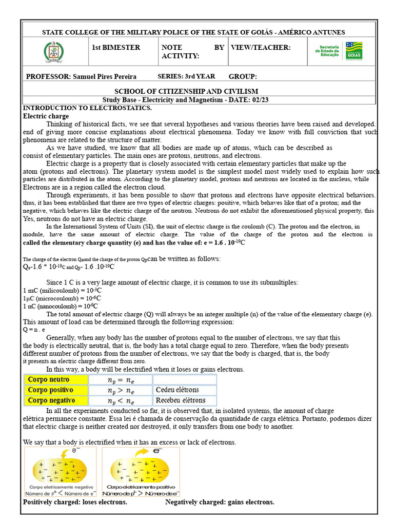 3rd Year Int. To Electrostatics - 01-23 - Answer Key | PDF | Electric ...