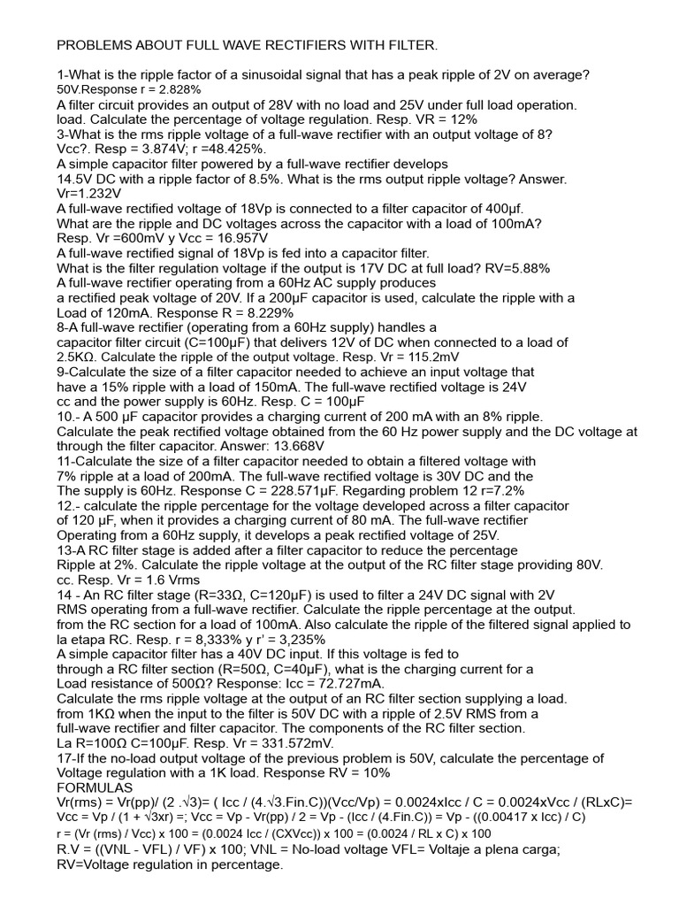 Problems About Full-Wave Rectifiers With Filter | PDF | Rectifier | Electromagnetism
