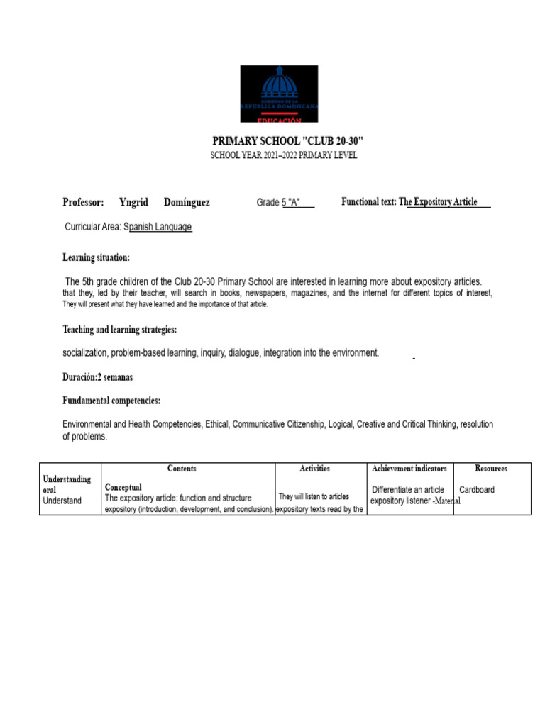 Planning of The Expository Article | PDF | Curriculum | Reading ...