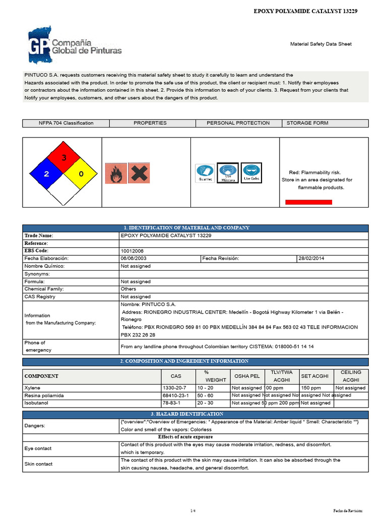 Epoxy Polyamide Catalyst 13229 MSDS | PDF | Fires | Water