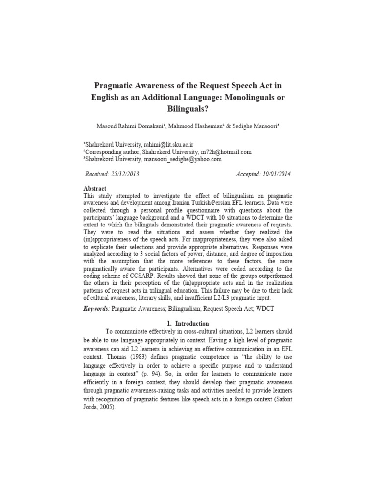 Pragmatic Awareness of the Request Speech Act in English as an Additional Language Monolinguals ...