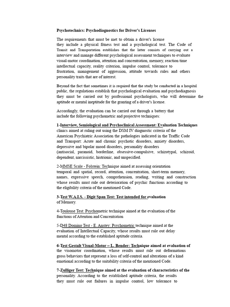 Psychotechnical Psychological Assessments For Driving Licenses | PDF ...