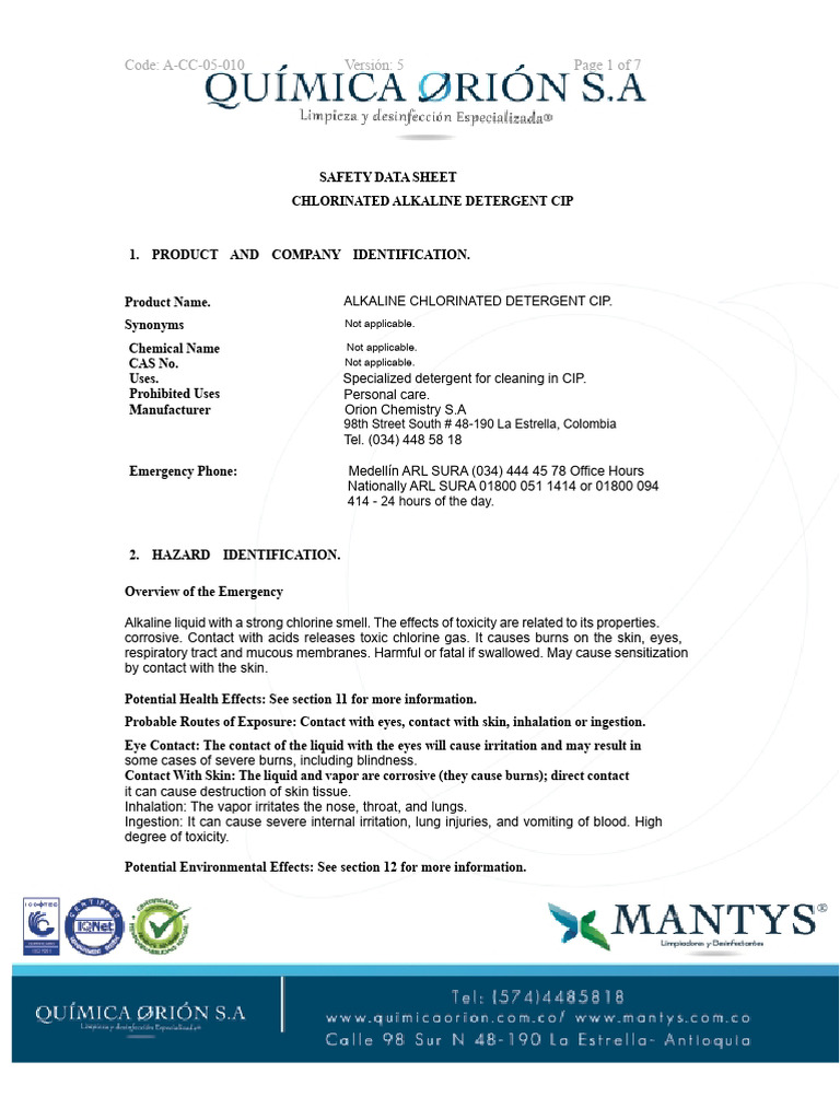 Chlorinated Alkaline Detergent SDS | PDF | Chlorine | Sodium Hydroxide