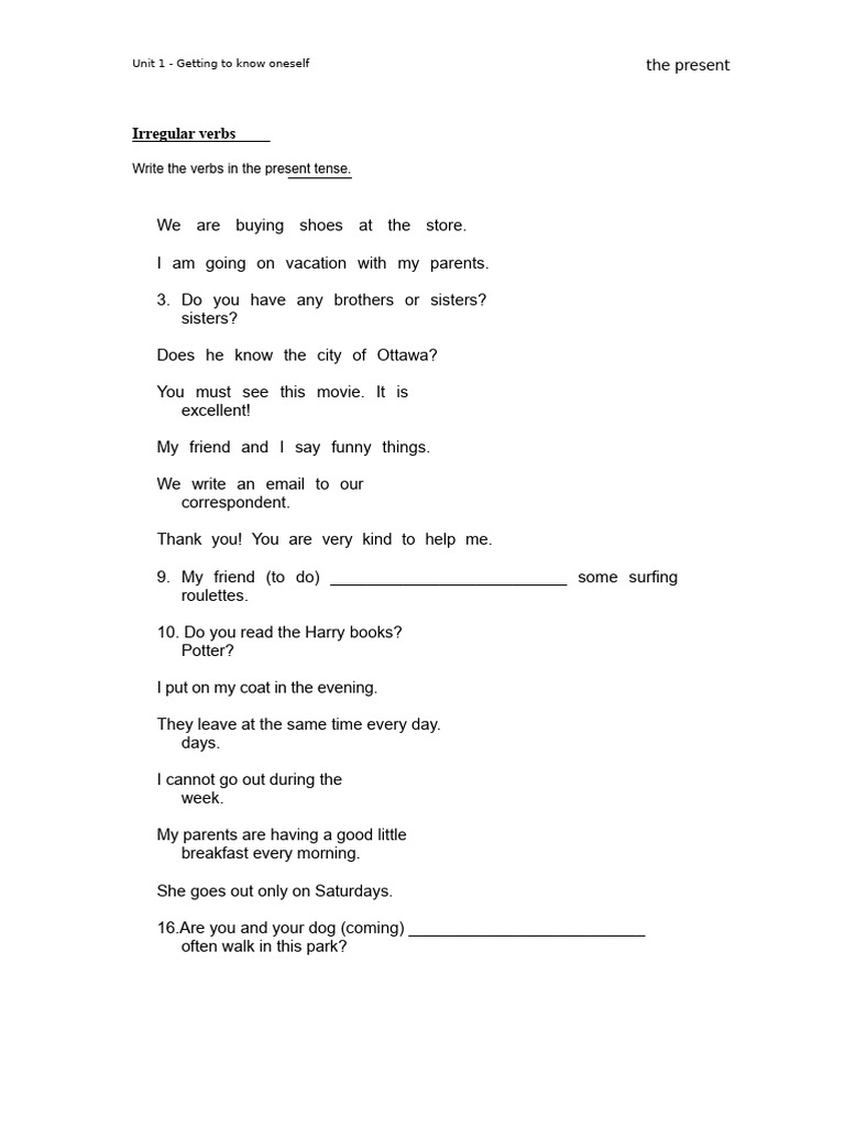Exercise - Present Tense of Irregular Verbs | PDF