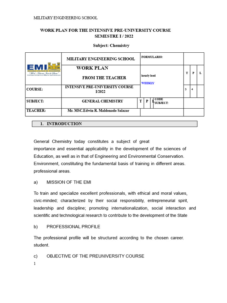 Work Plan For The Intensive Pre-University Course Semester I 2022 | PDF ...