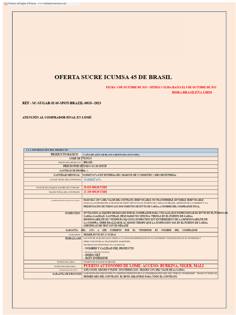 Oferta Suave Azúcar Ic 45 Brasil - Spot 50,000MT - Cif 05-10-2023. | PDF