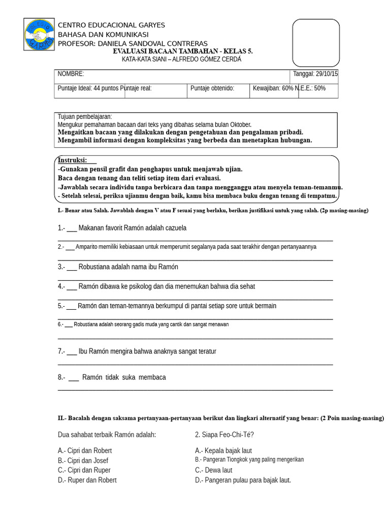 Evaluasi Bacaan Kelas 5: Ramón | PDF