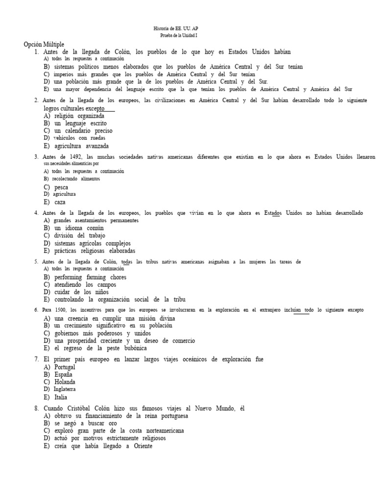 Prueba de La Unidad 1 de AP | PDF | Américas | España