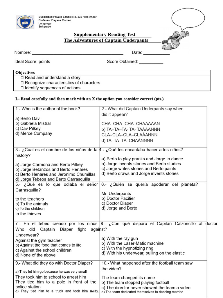 Captain Underpants Adapted Reading Test | PDF