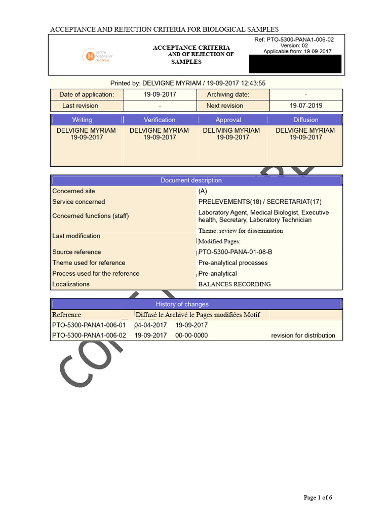 Acceptance and Rejection Criteria For Samples | PDF | Medical ...