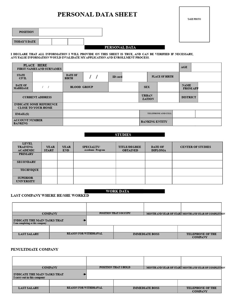 Personal Data Sheet Template | PDF