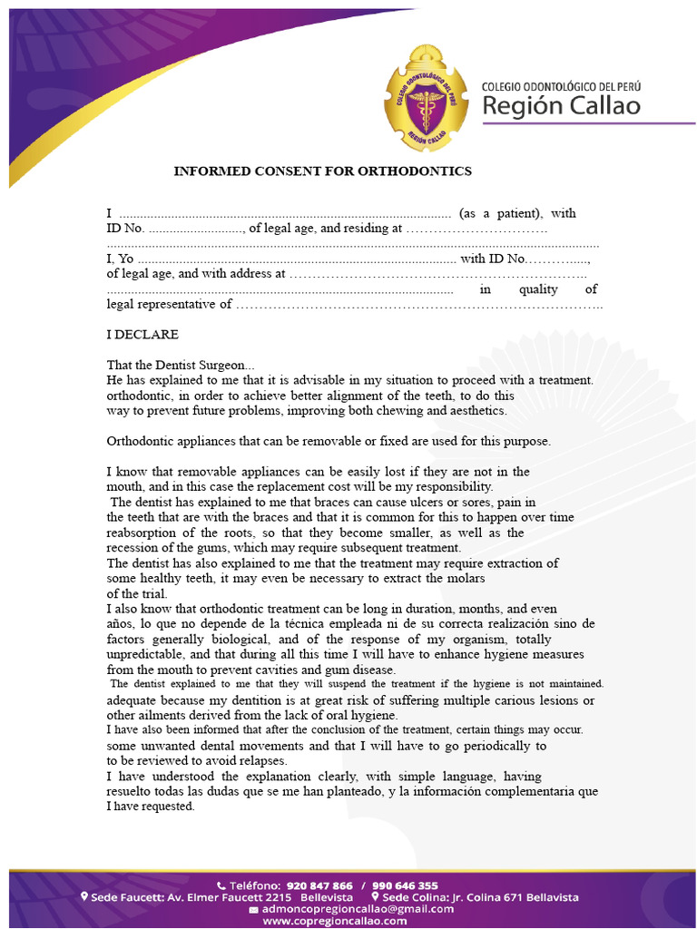 Orthodontic Treatment Informed Consent Form | PDF | Orthodontics ...