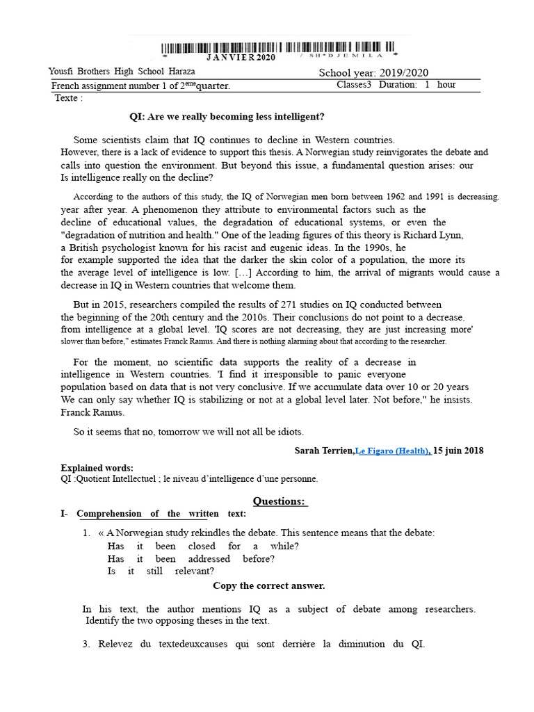 French Assignment N°1 of The 2nd Trimester. (2019-2020) - (3AS) | PDF ...