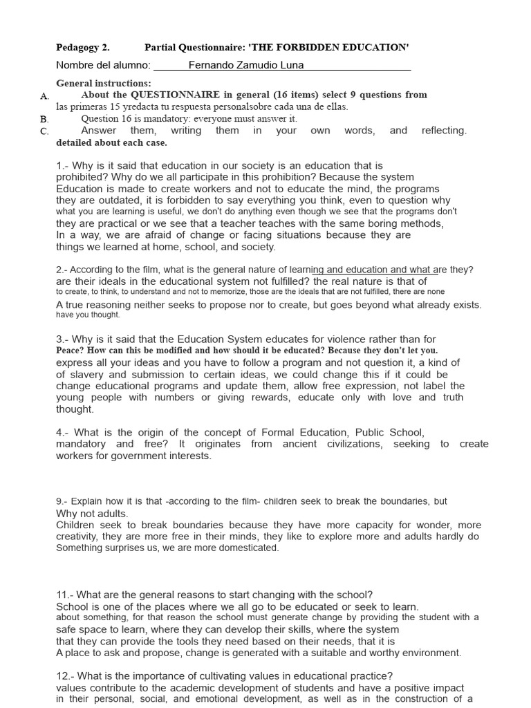 Questionnaire "The Forbidden Education" | PDF | Creativity | Reason