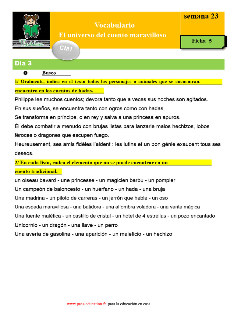 Vocabulario El Cuento Maravilloso Ejercicios A IMPR | PDF