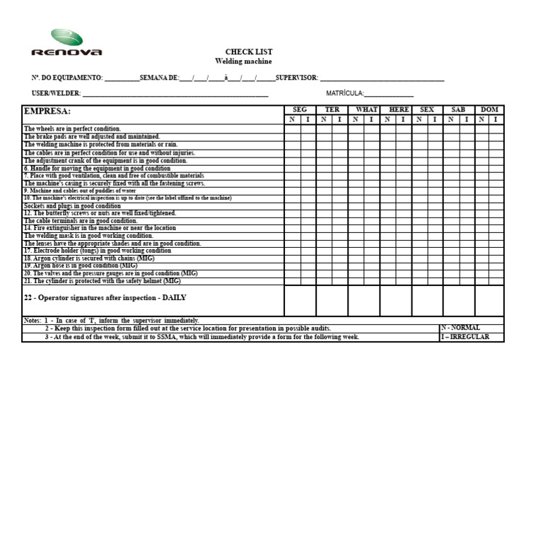 Welding Machine Checklist | PDF