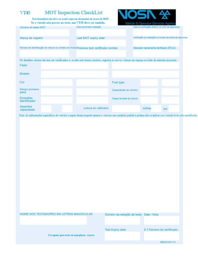 Lista de Verificação Da Inspeção MOT (VT 40) | PDF | Eixo | Pneu