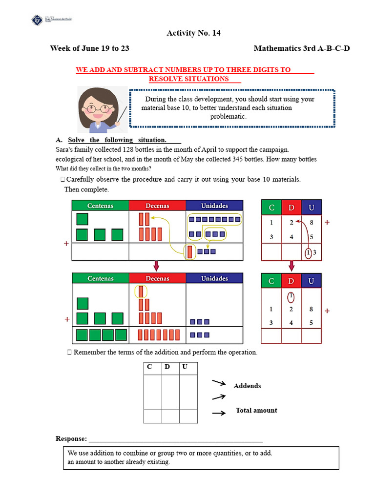 Sheet 14 We Add and Subtract Numbers Up To Three Digits To Solve ...