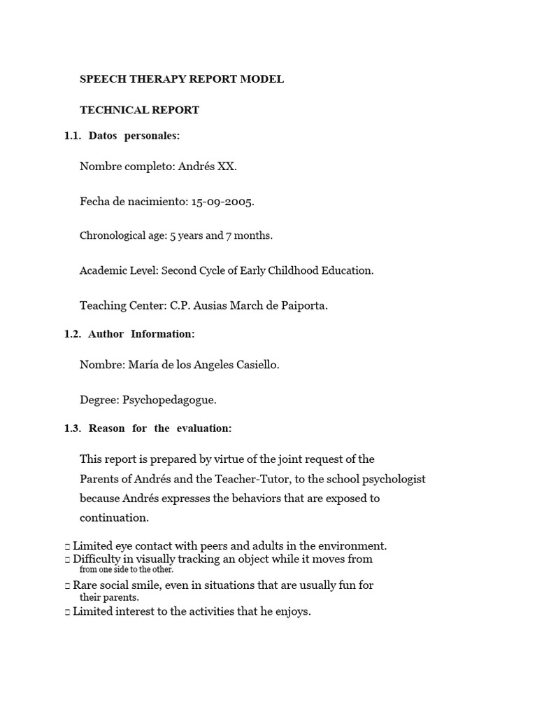 Speech Therapy Report Model | PDF | Autism | Special Education