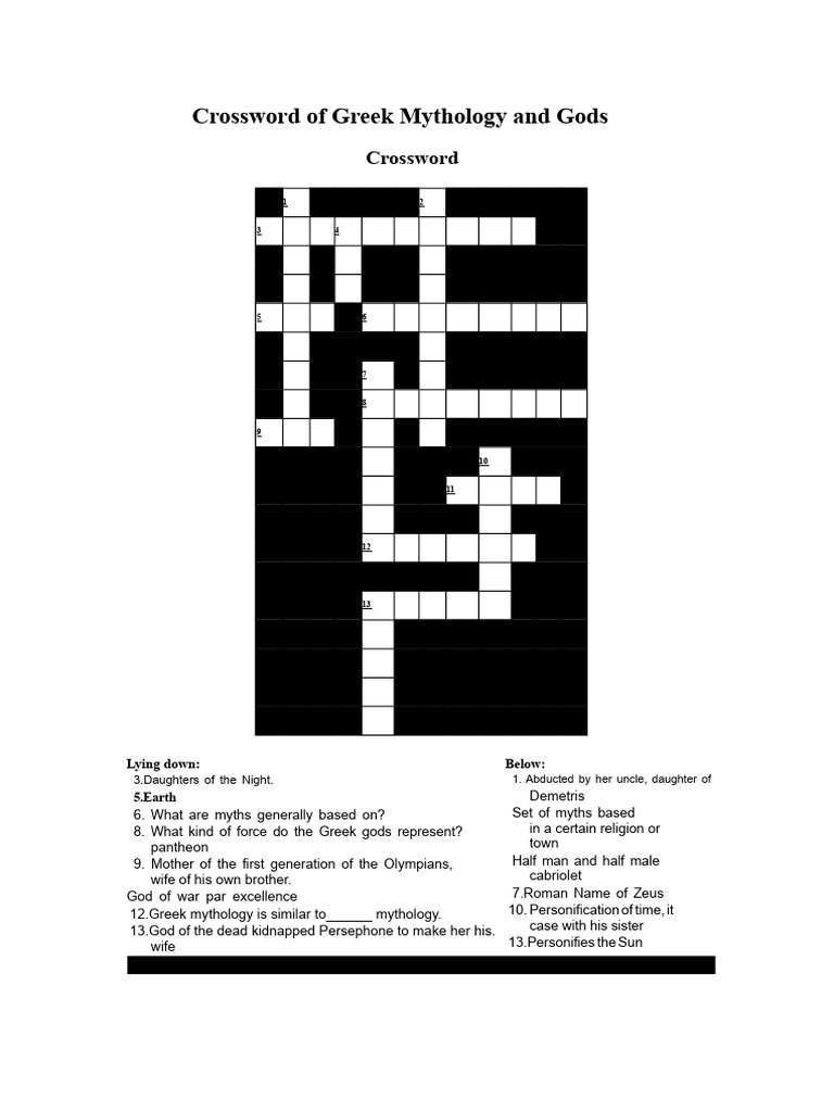 Crossword of Greek Mythology and Gods | PDF