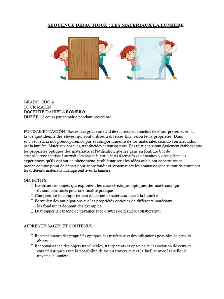 Matériaux et lumière : séquence didactique | PDF | Papier | Matériaux