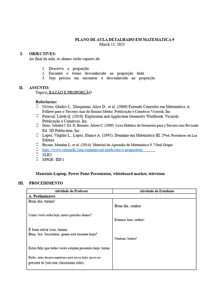 Plano de Aula Detalhado em Razão e Proporção Semana 5 Dia 1 | PDF ...