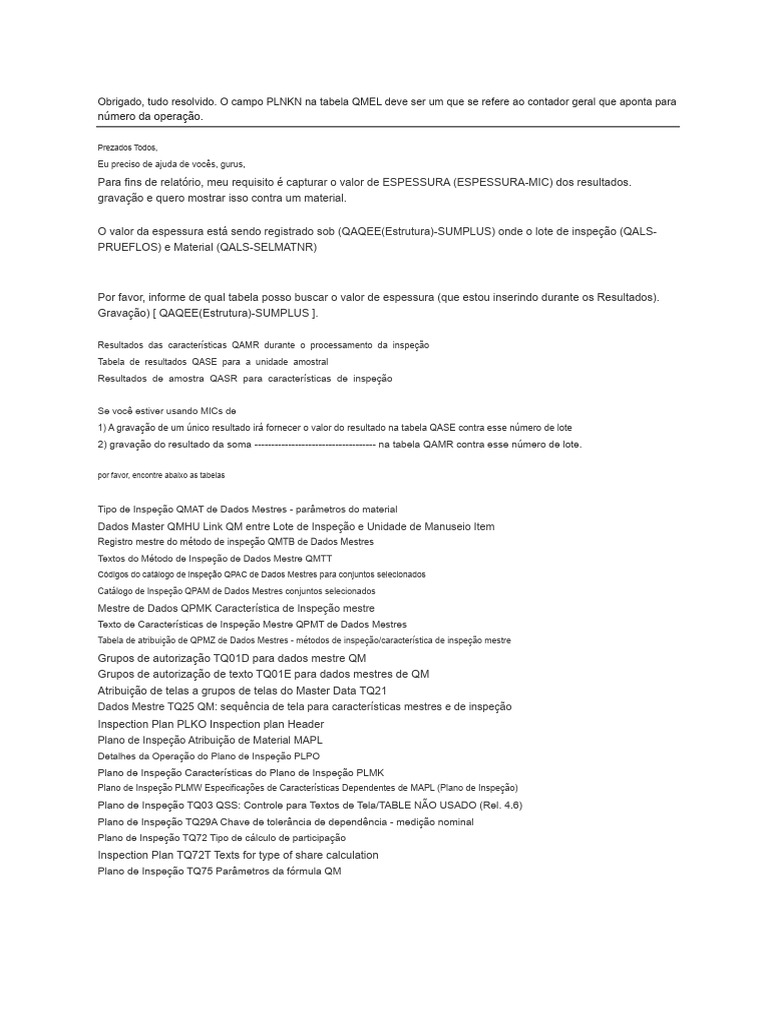 Tabelas SAP para Inspeção de Materiais | PDF | Dados