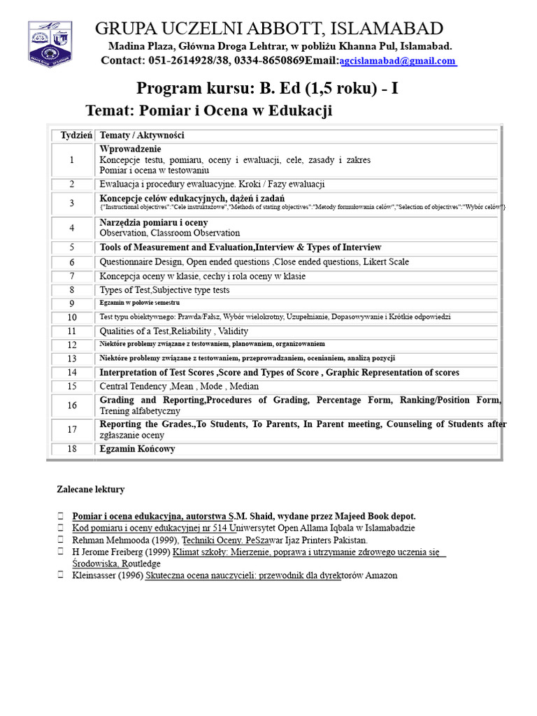 Programy Nauczania B.Ed (1,5 Roku) - I | PDF