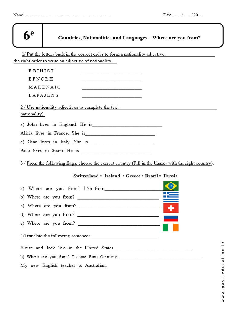 Countries Nationalities and Languages 6th Grade Exercises Where Are You ...